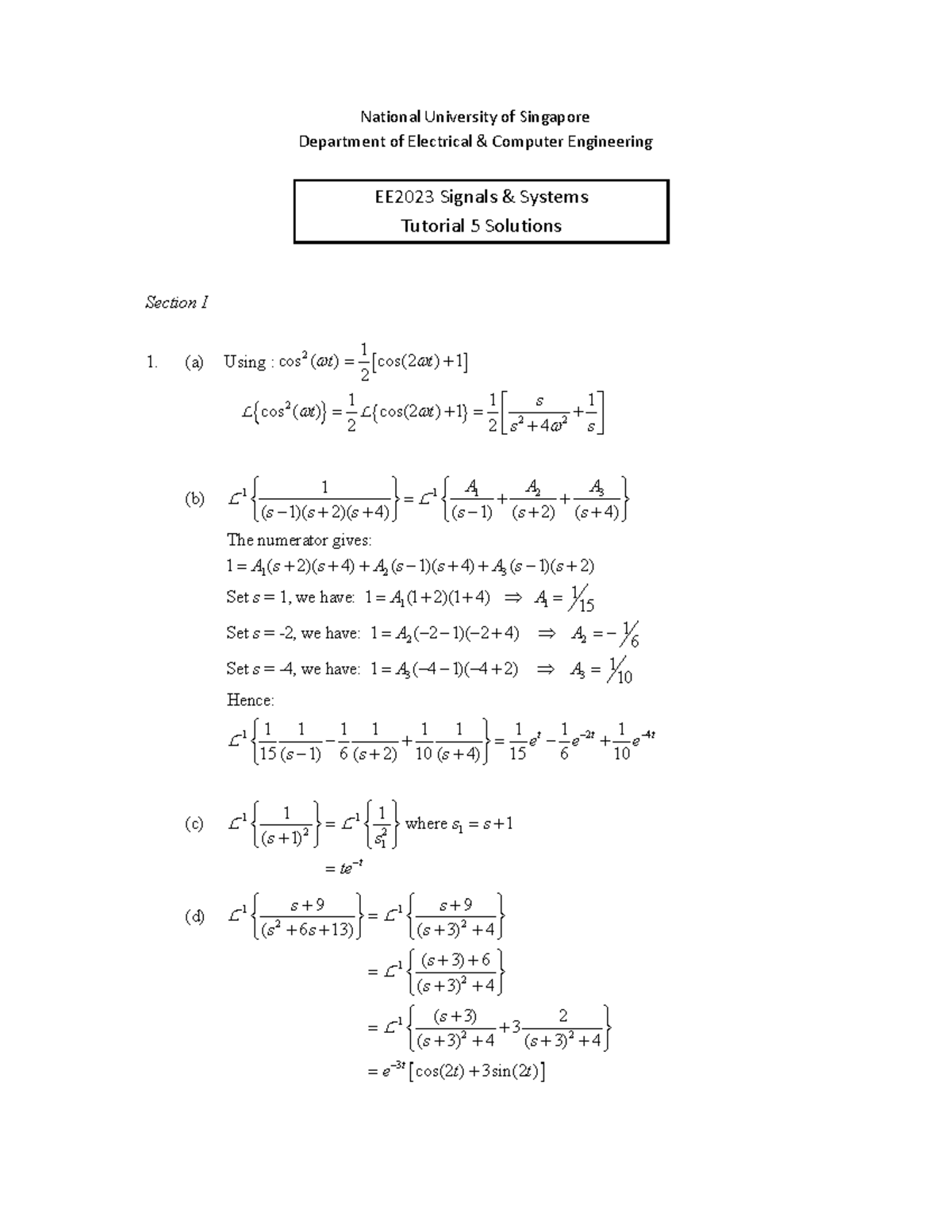 Tutorial 5 (Solutions) - National University of Singapore Department of Electrical & Computer ...