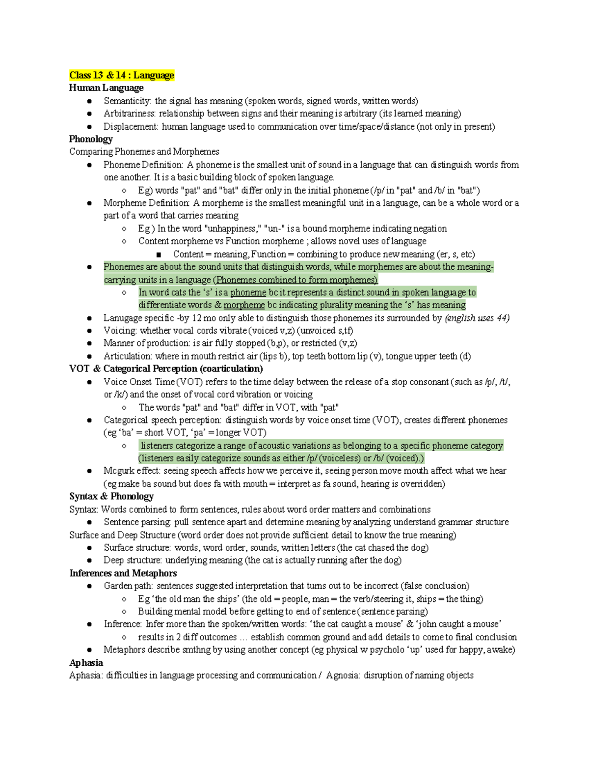 Cognitive Final Outline 13-22 - Class 13 & 14 : Language Human Language ...