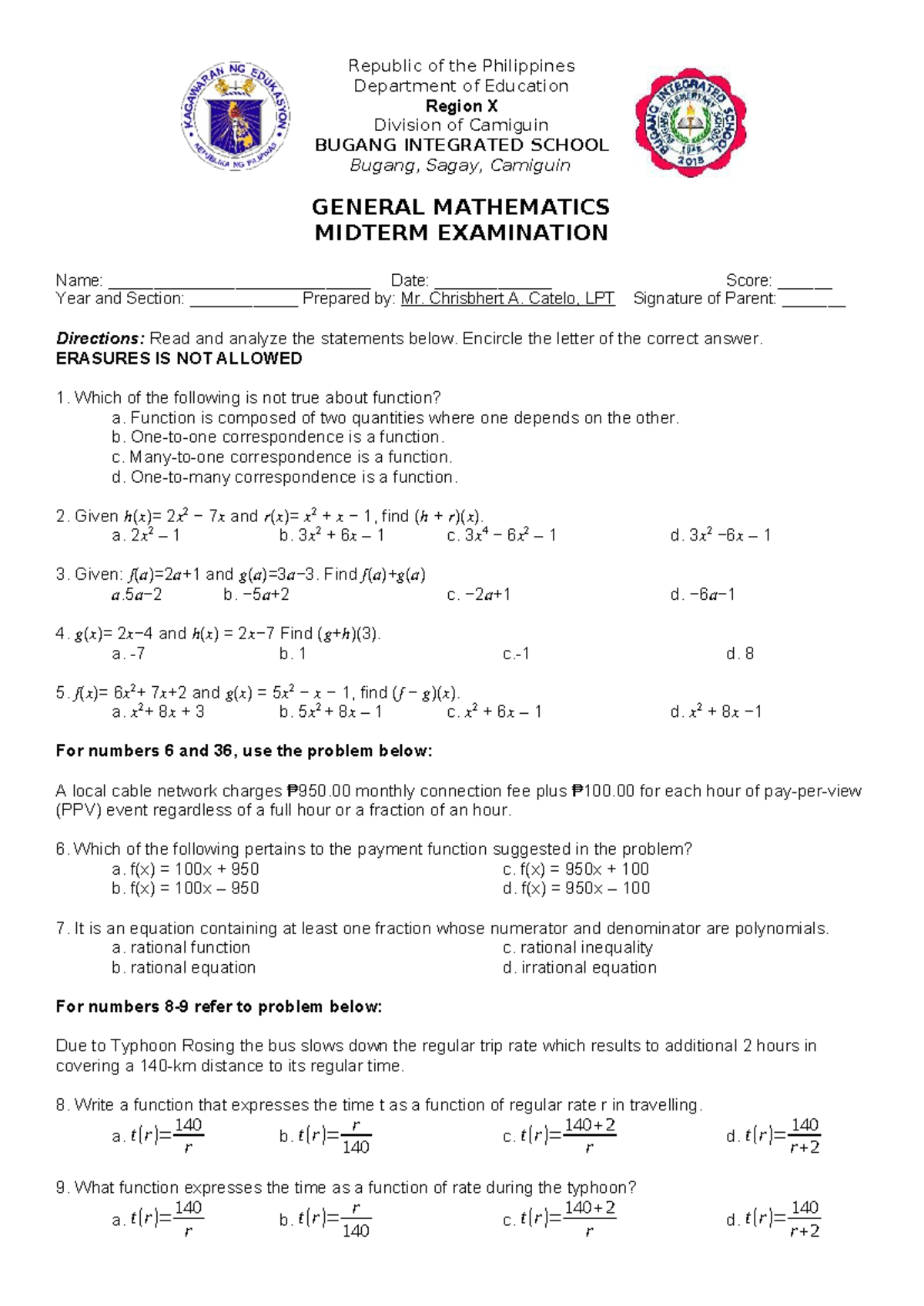 TQ Genmath - For Review - Republic of the Philippines Department of ...