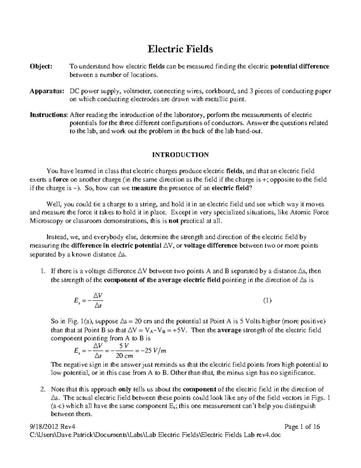 Electric Fields Lab - This is the 2nd lab done in the class. - 9/18 ...