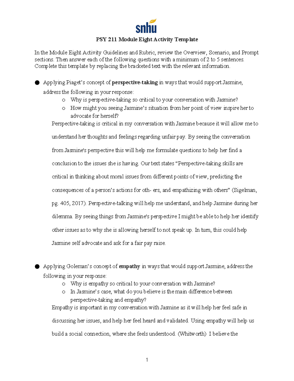 PSY 211 Module Eight Activity Template - Then answer each of the following questions with a ...