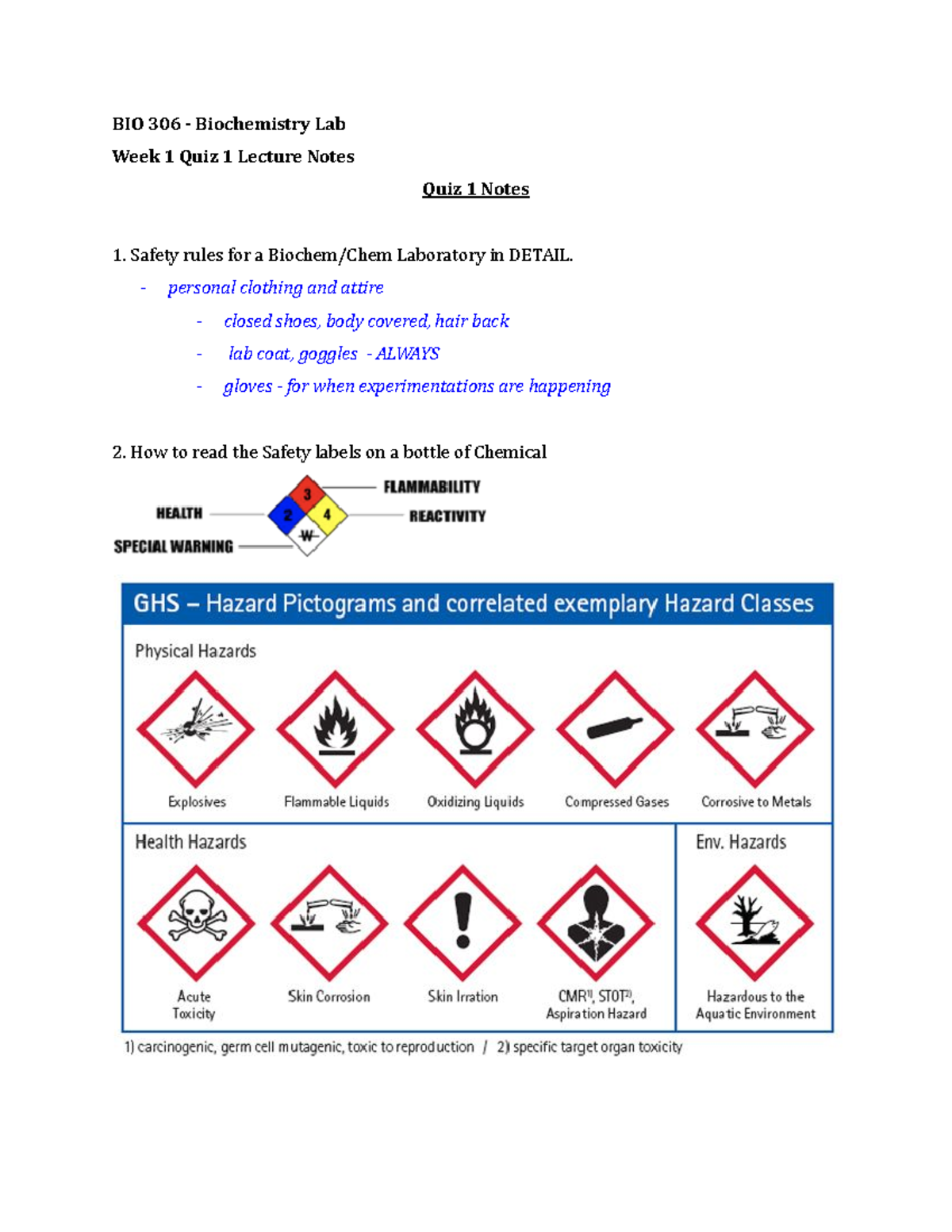 BIO 306 Week 1 Quiz 1 Lecture Notes - BIO 306 - Biochemistry Lab Week 1 ...