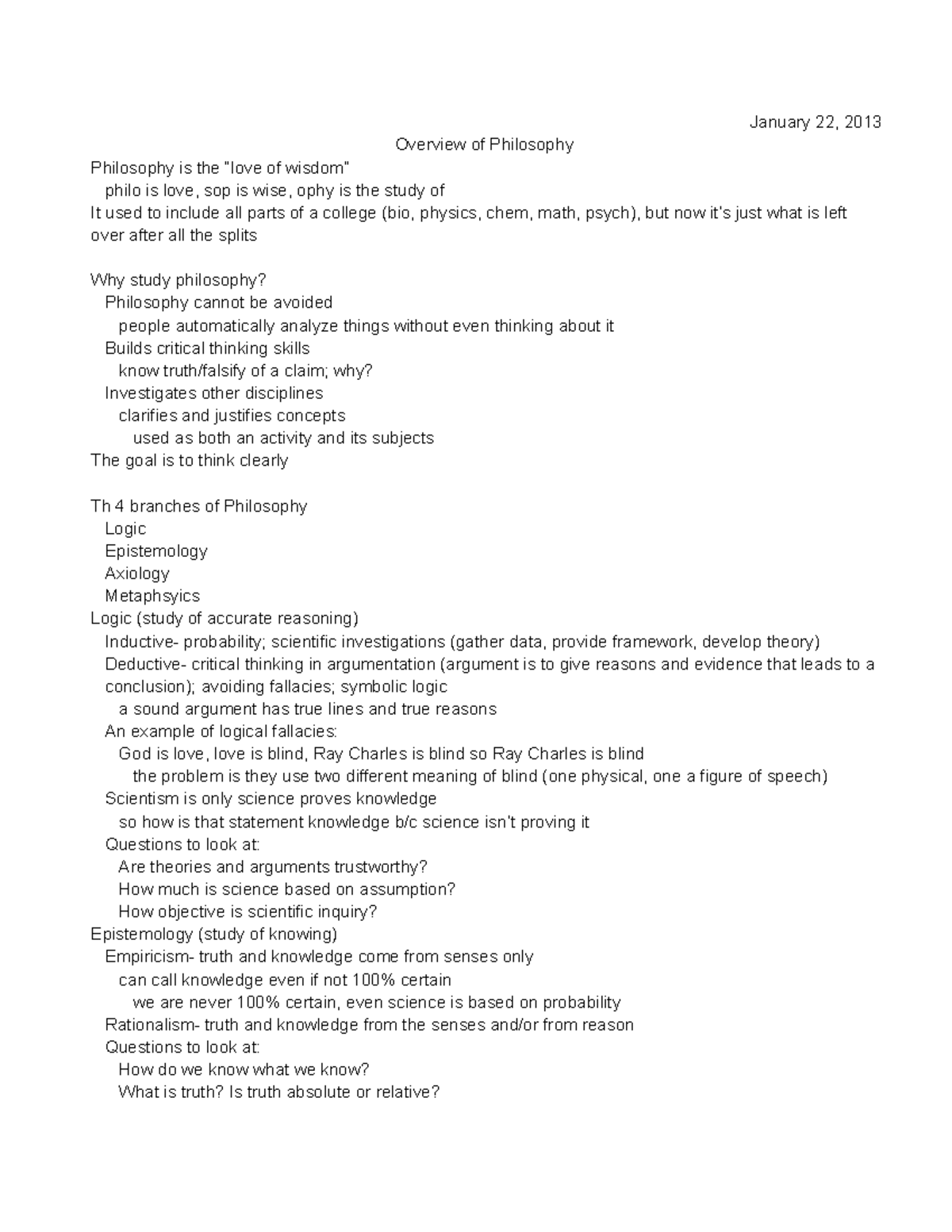 PHIL 2000 - Lecture Notes on Overview of Philosophy - January 22, 2013 ...