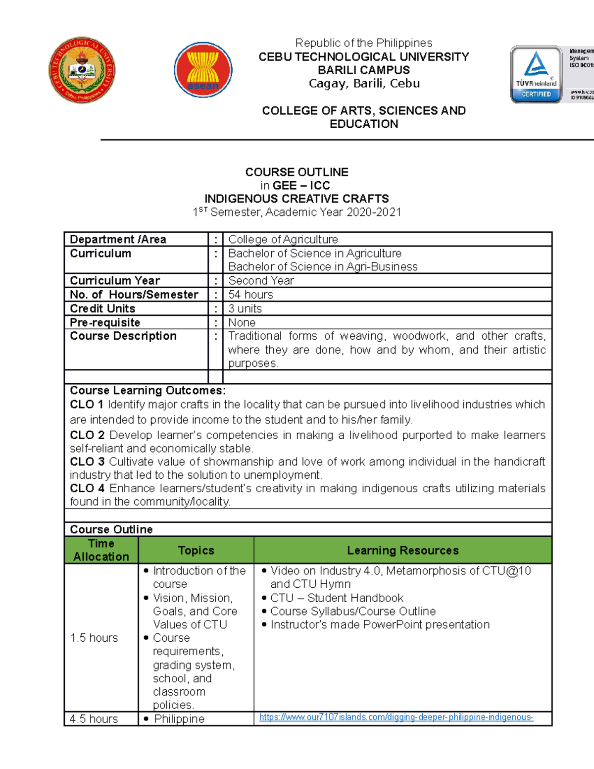 GEE-ICC Course Outline for Indigenous Creative Craft - Republic of the ...