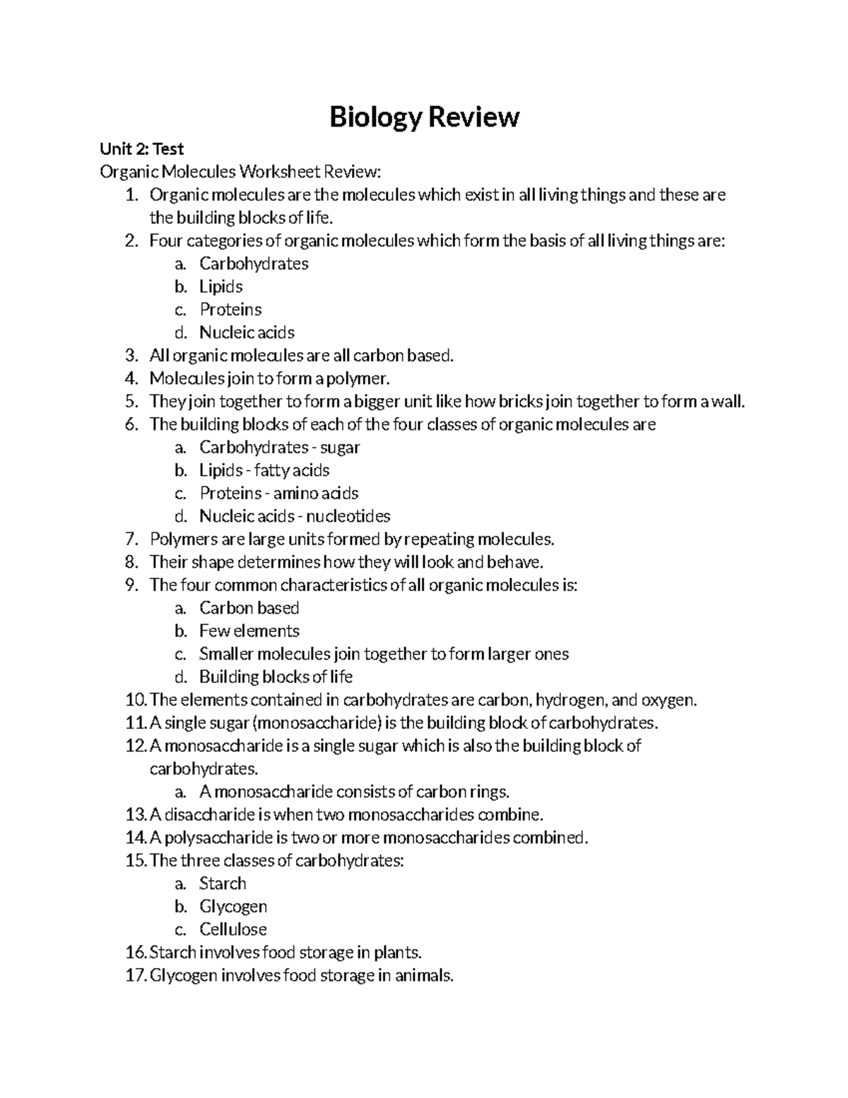 Biology Review - Biology Review Unit 2: Test Organic Molecules ...