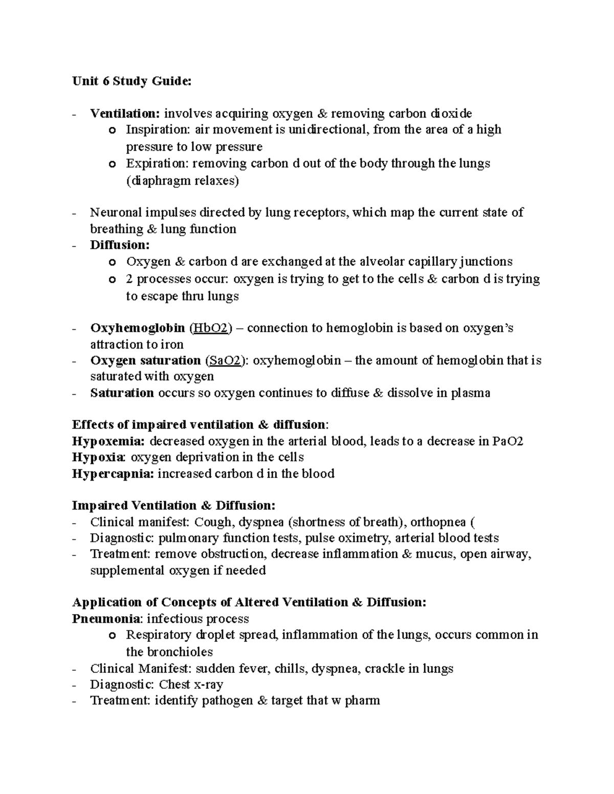 Unit 6 Study Guide - Unit 6 Study Guide: Ventilation: involves ...