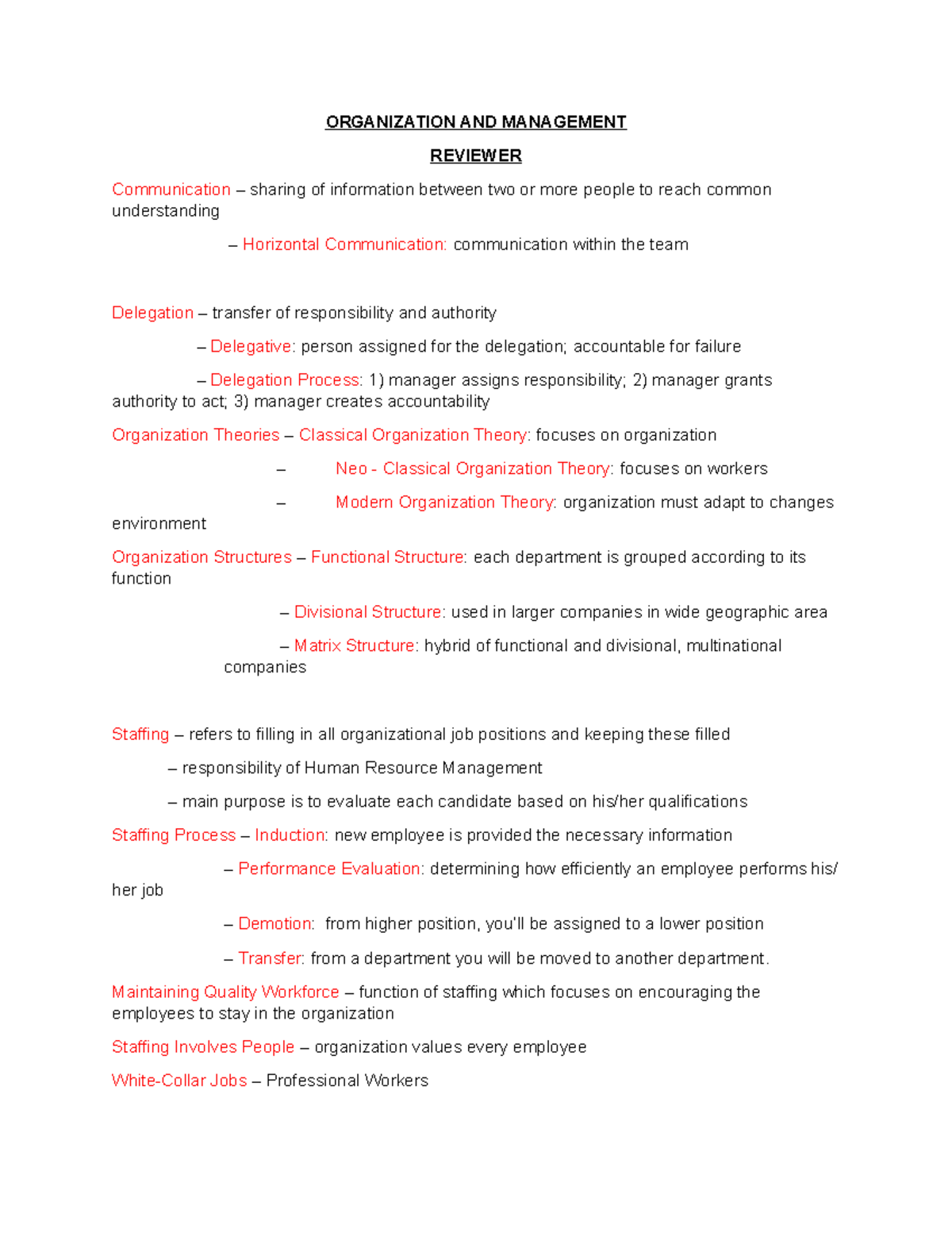 Organization AND Management Reviewer - ORGANIZATION AND MANAGEMENT ...