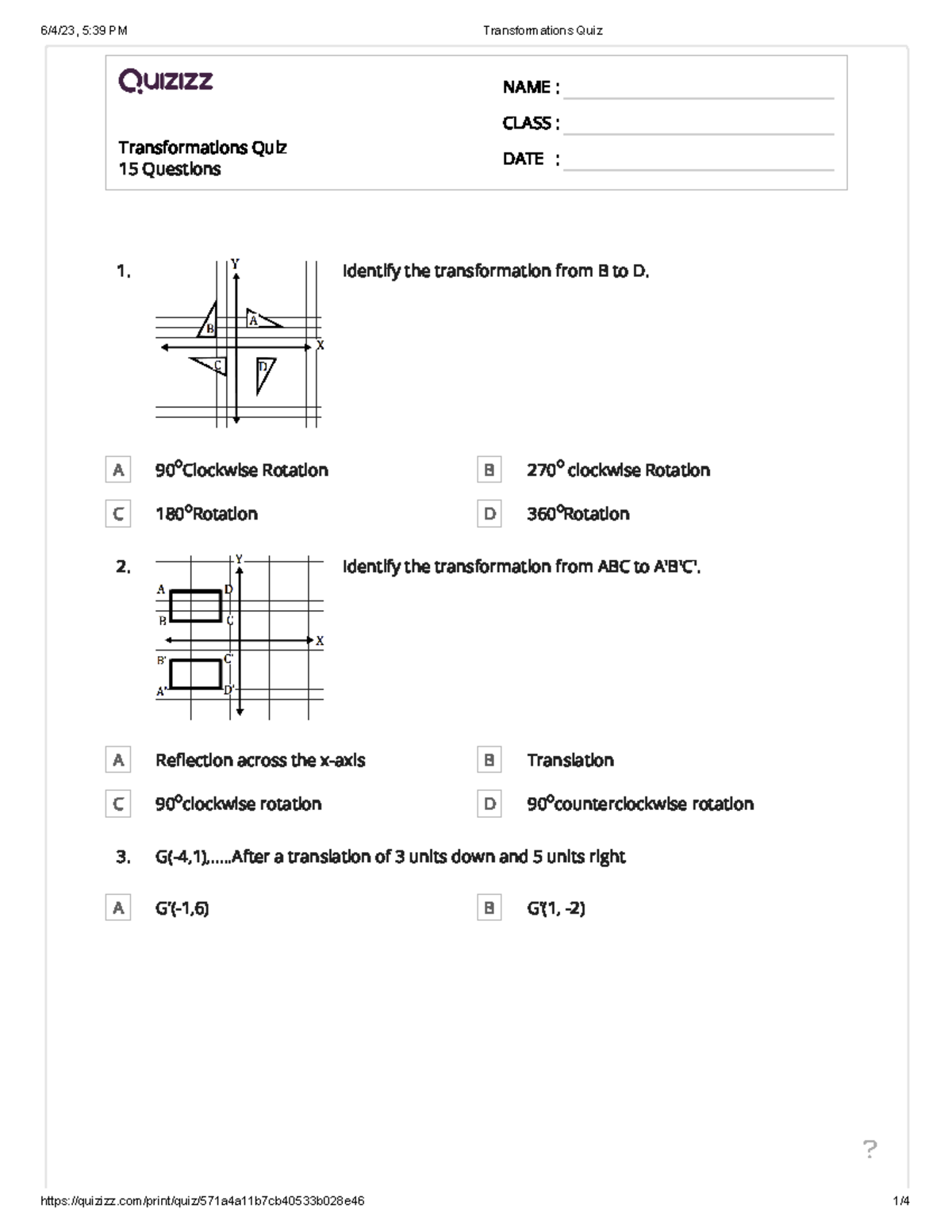 Transformations Quiz1 - Transformations 15 Questions Quiz NAME : CLASS ...