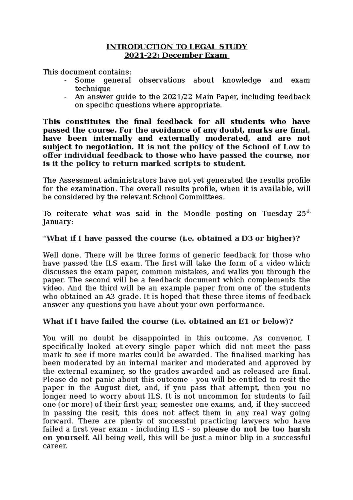 ILS Exam Feedback 2021 - INTRODUCTION TO LEGAL STUDY 2021-22: December ...