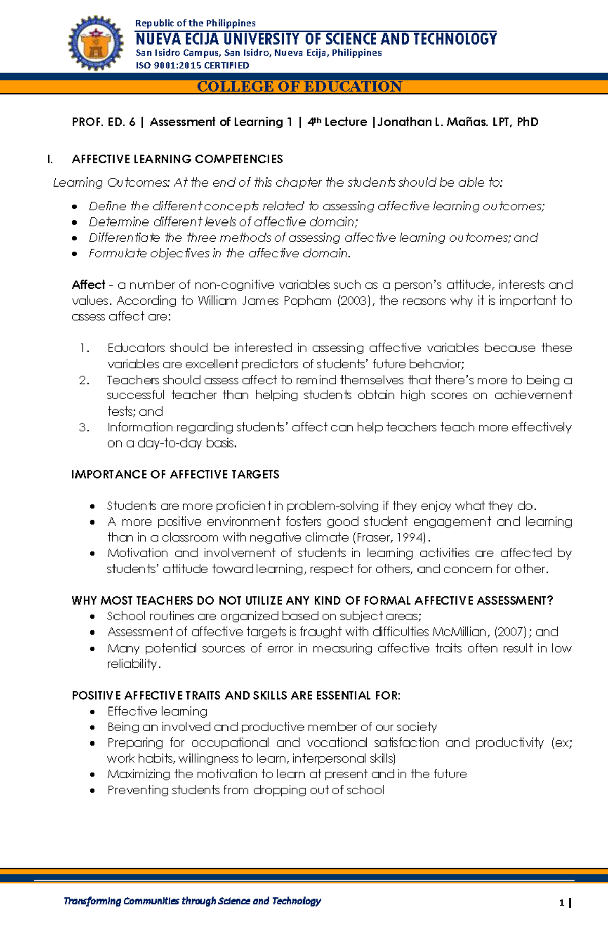 4th Lecture Affective Targets - PROF. ED. 6 | Assessment of Learning 1 ...