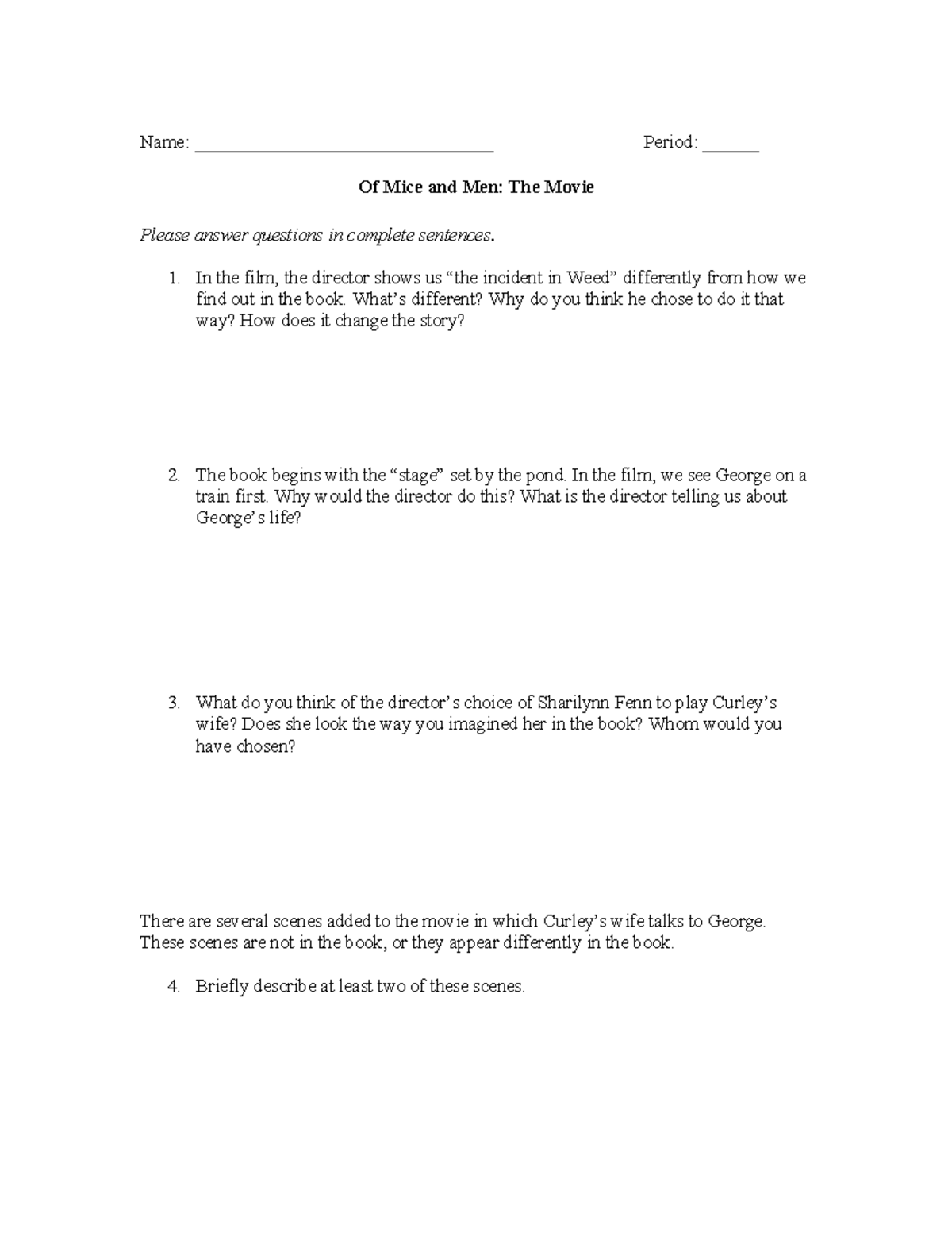 Of Mice and Men Movie Questions - Name ...