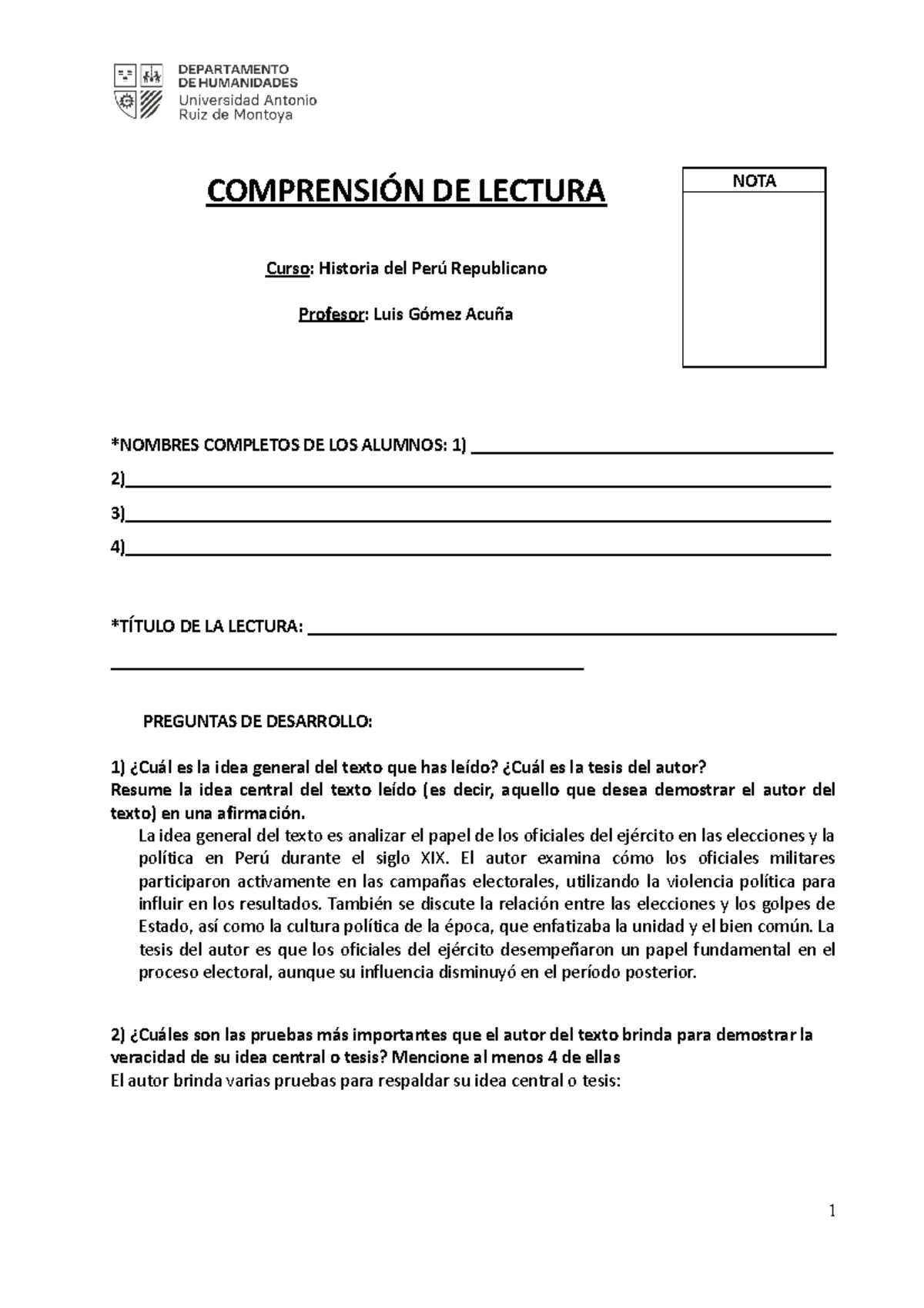 Comprensión DE Lectura-1 - COMPRENSIÓN DE LECTURA Curso: Historia del ...