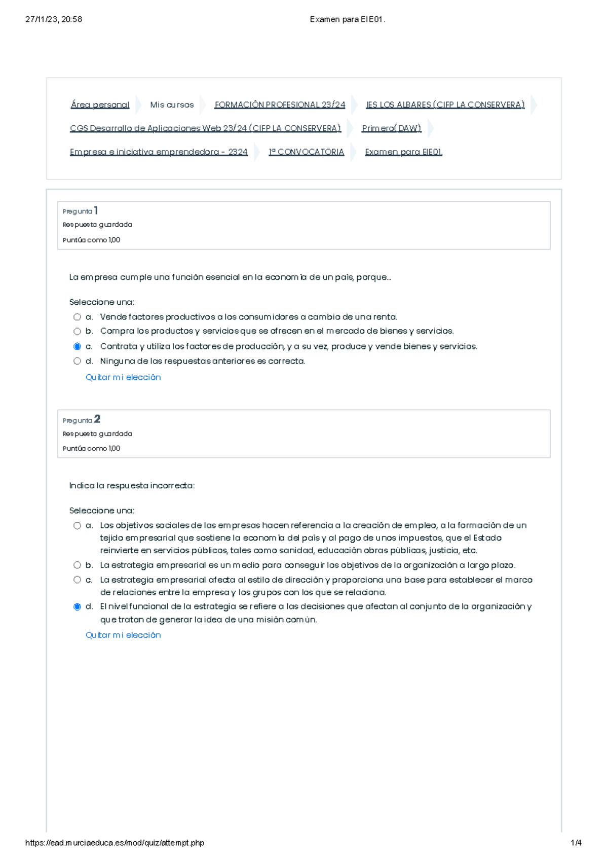 Test 1 empresa - Área personal Mis cursos FORMACIÓN PROFESIONAL 23/24 ...