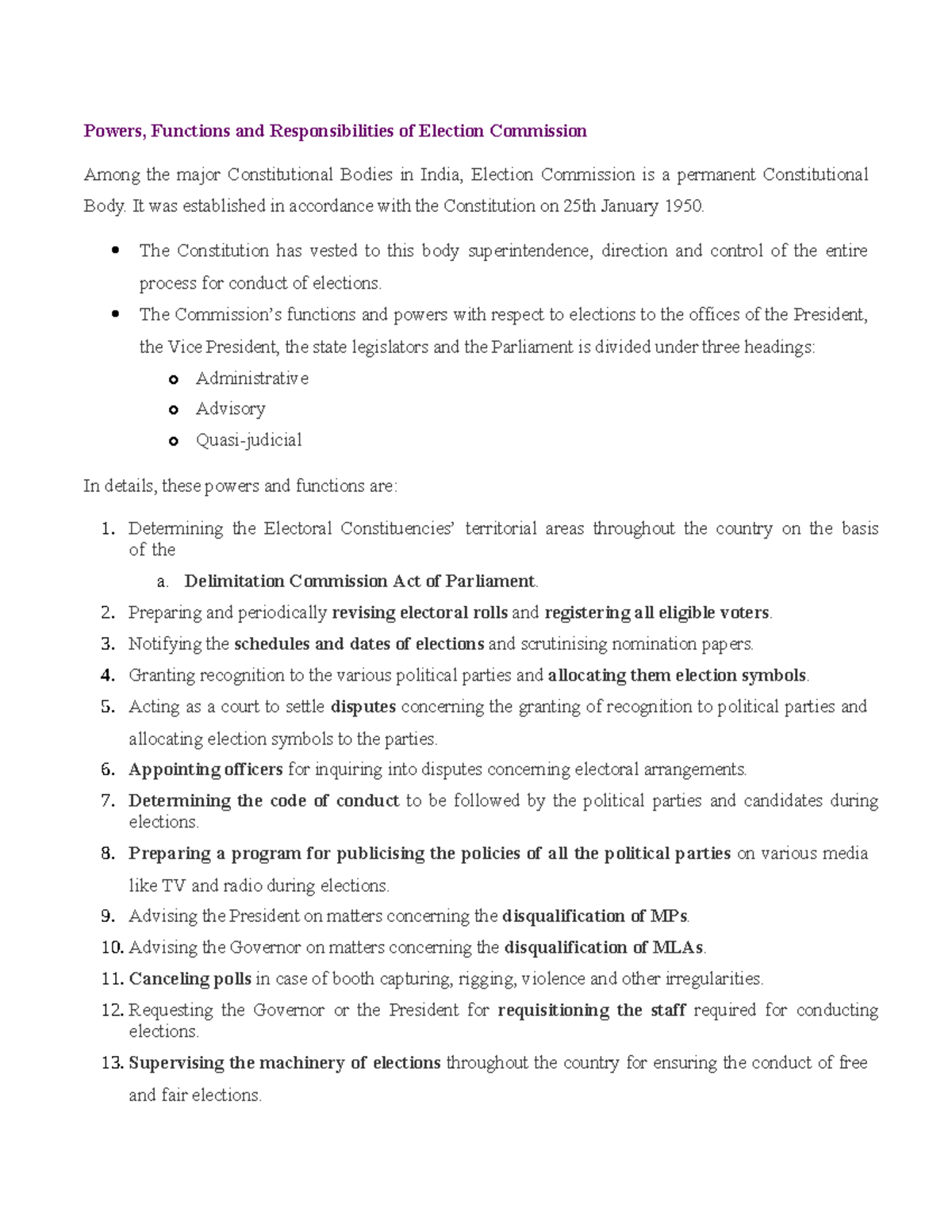 Election-Commission notes PROCESS GROUNDS - Powers, Functions and ...