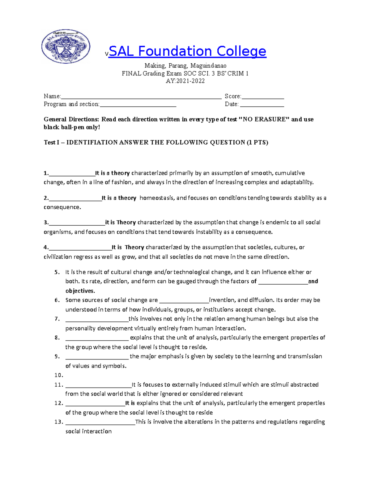 Final EXAM SOC. SCI 3 - Please - VSAL Foundation College Making, Parang, Maguindanao FINAL ...