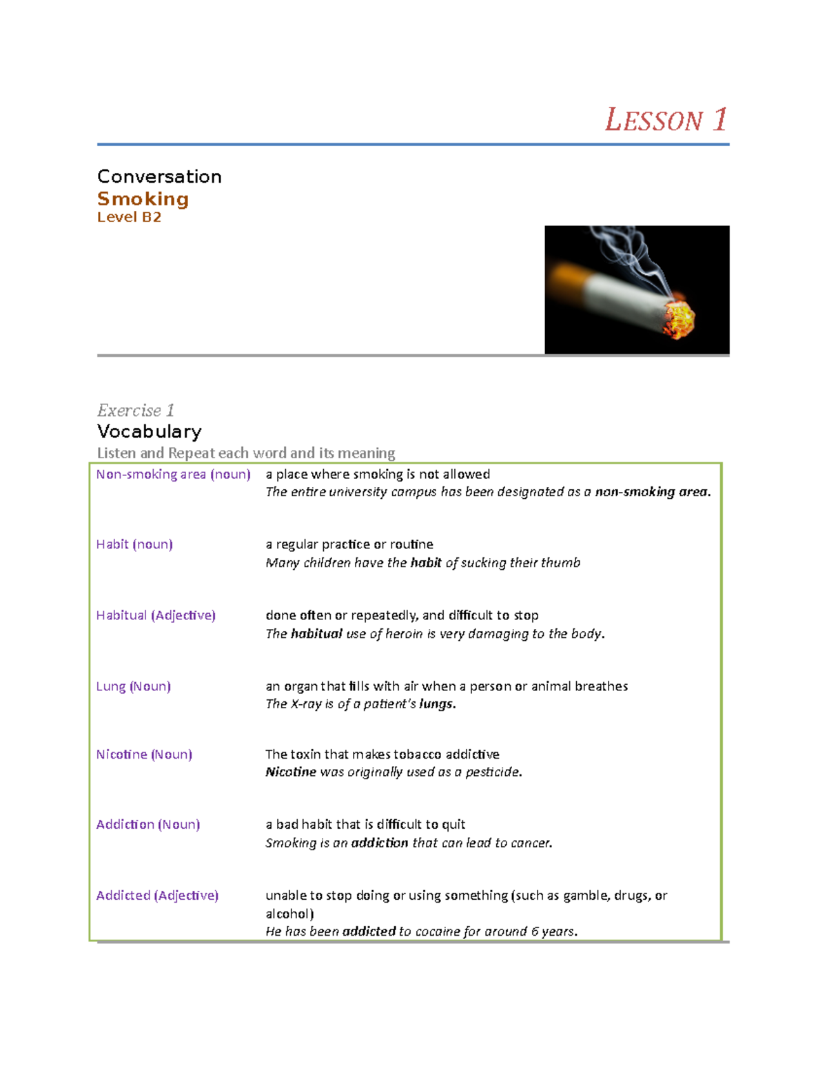 EDUXATION LESSON PLAN - LESSON 1 Conversation Smoking Level B Exercise ...