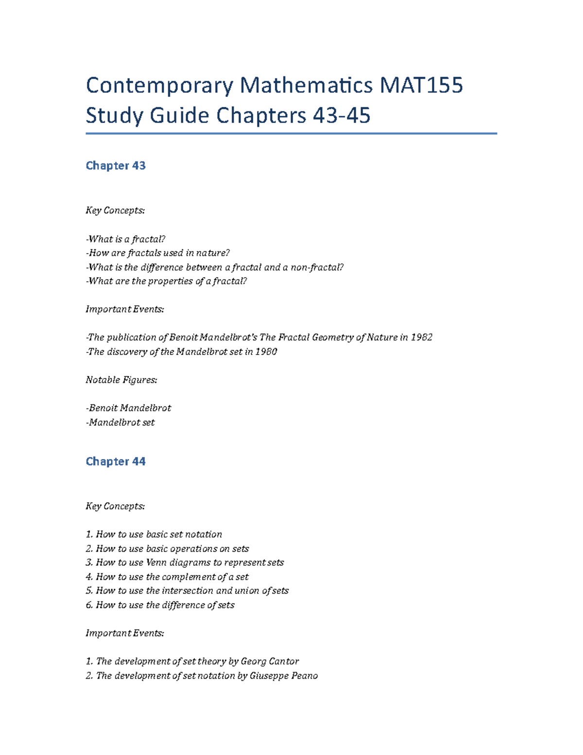 Contemporary Mathematics MAT155 Study Guide Chapters 43-45 ...