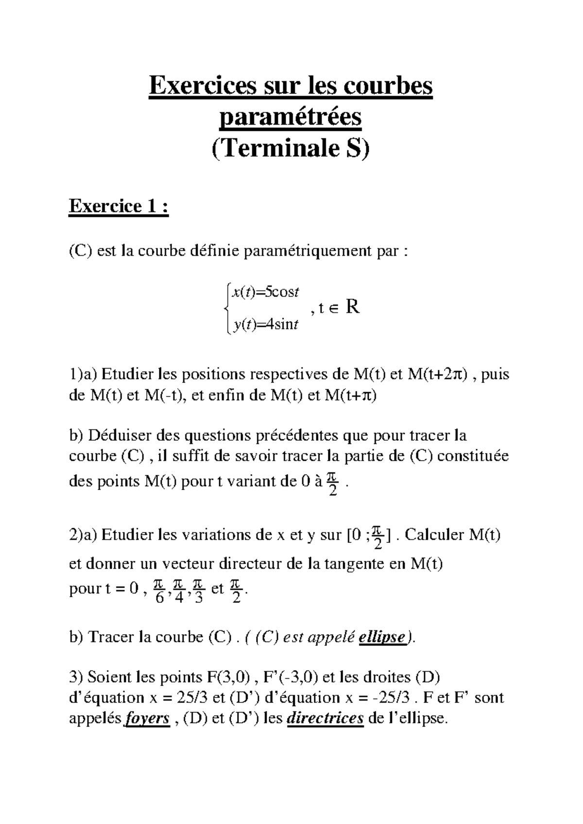 Exos courbes paramétrées - Exercices sur les courbes paramétrées ...