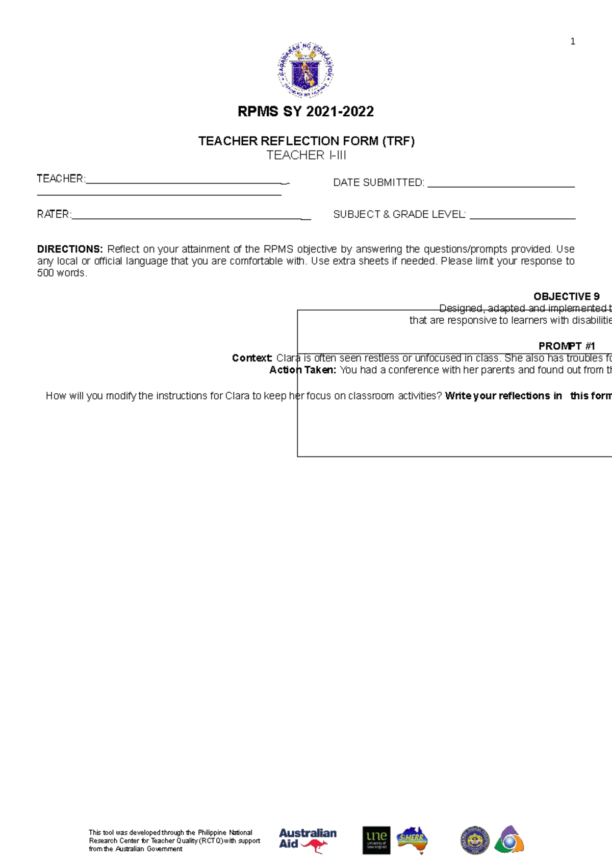 Appendix 4A Teacher Reflection Form for T I III for RPMS SY 2021 2022 ...