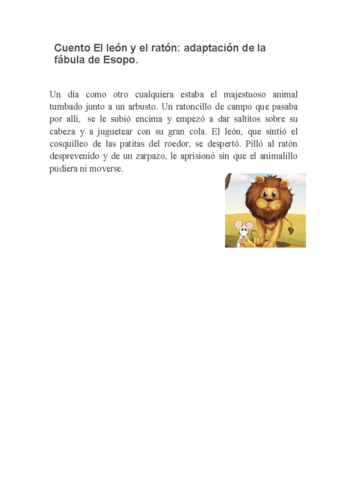 Cuento El león y el ratón - e.g Castellano Ensayo - Cuento El león y el ...
