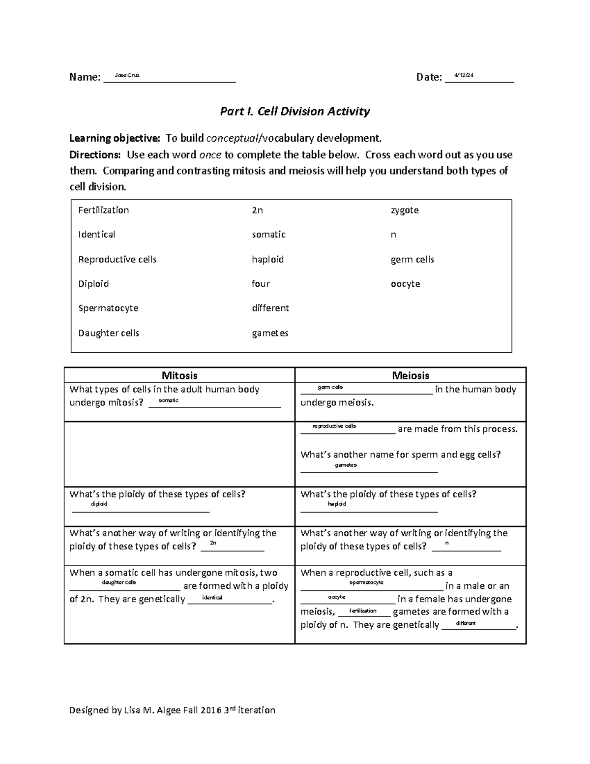 Cell Division Activity Completed - Name: _______________________ Date ...