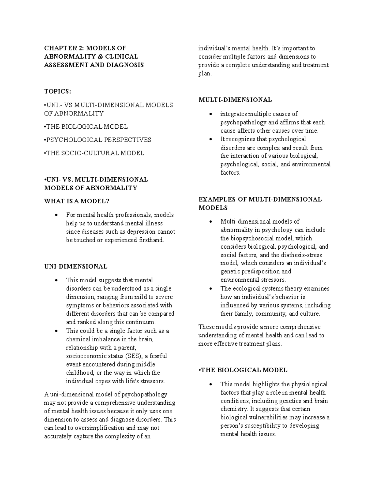 Abnormal Psychology-Chapter 2 - CHAPTER 2: MODELS OF ABNORMALITY ...