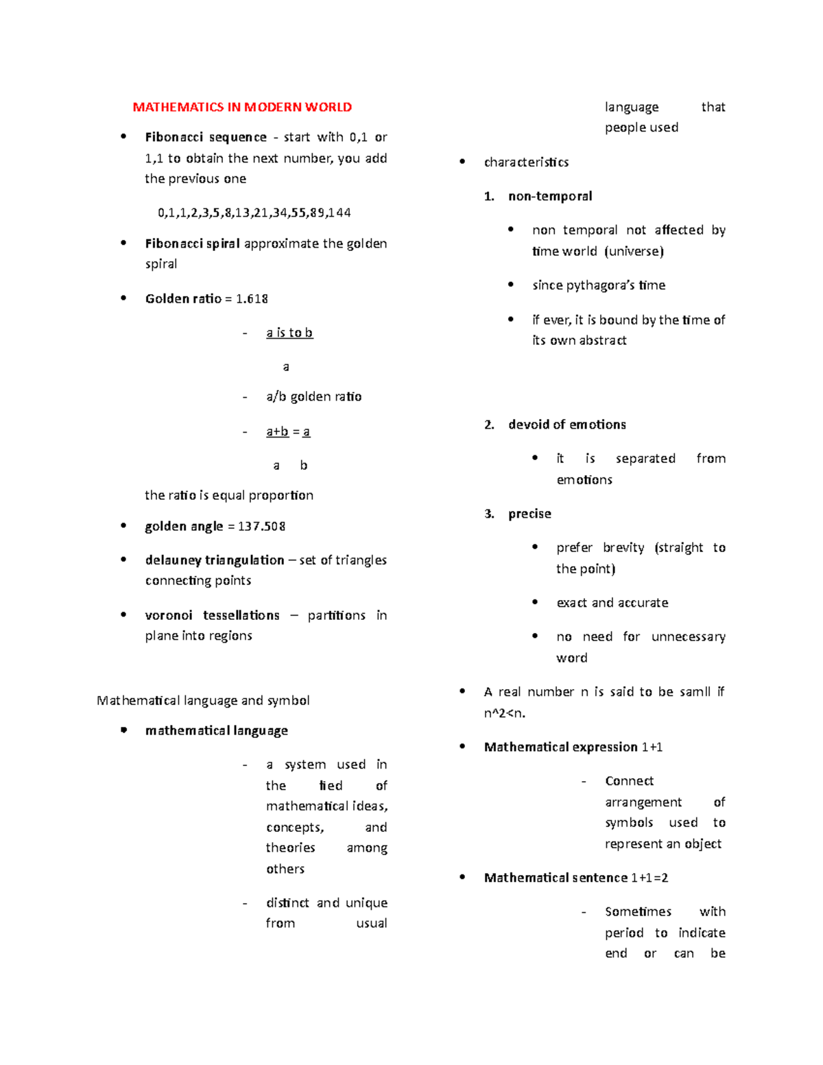 Mathematics reviewer - MATHEMATICS IN MODERN WORLD Fibonacci sequence - start with 0,1 or 1,1 to ...