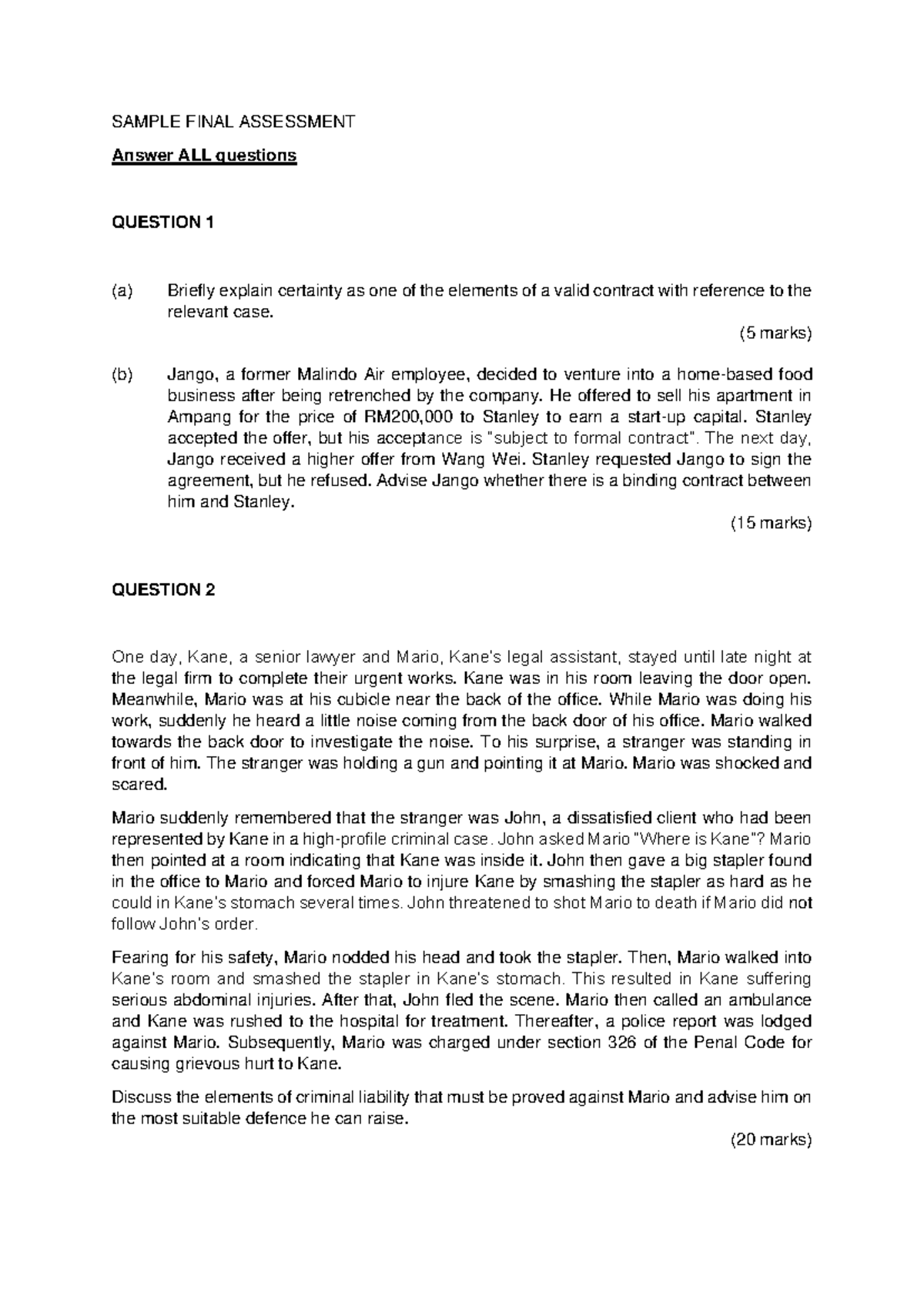 Sample LAW083 Final Assessment - SAMPLE FINAL ASSESSMENT Answer ALL ...