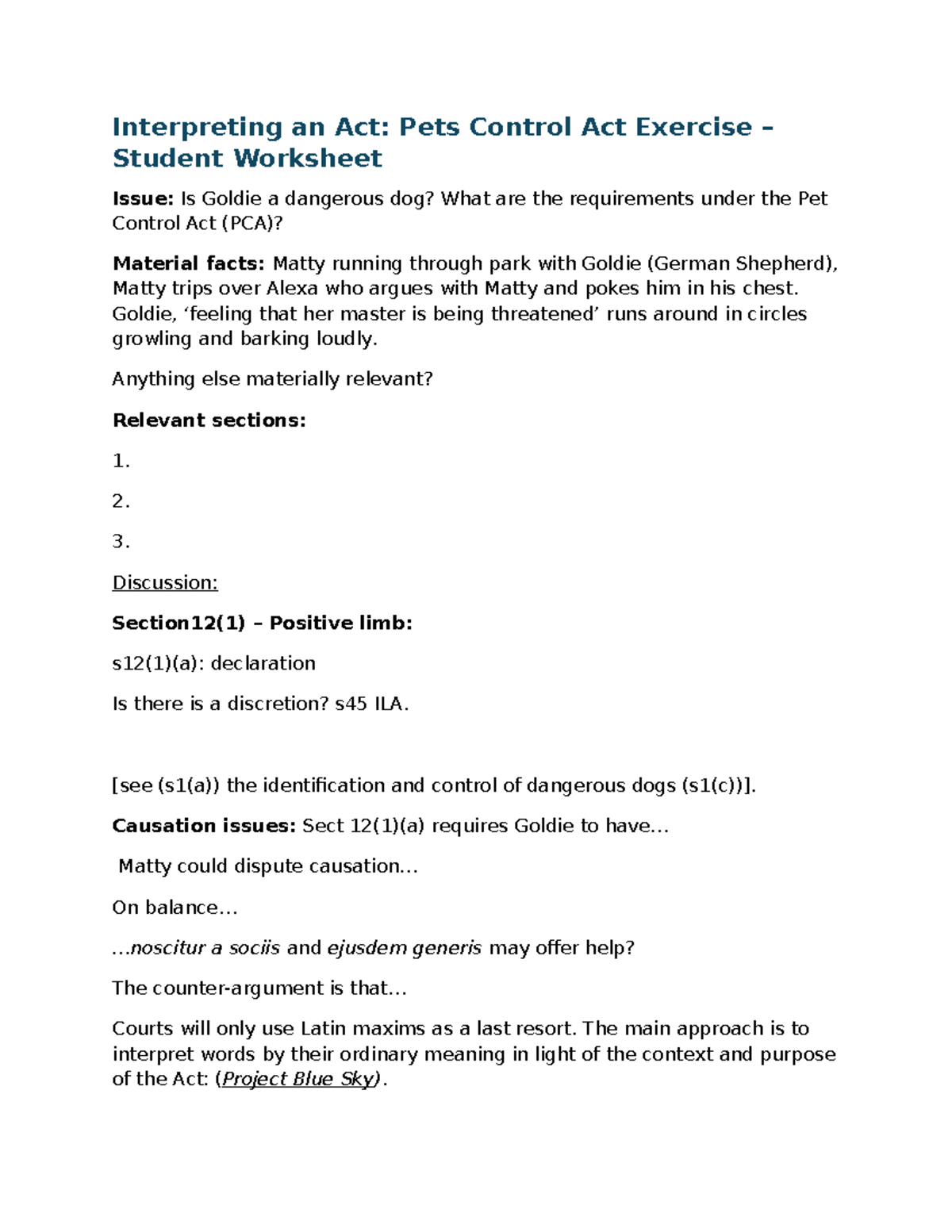 Master Pets Control Act Exercise - Student Worksheet - Interpreting an ...