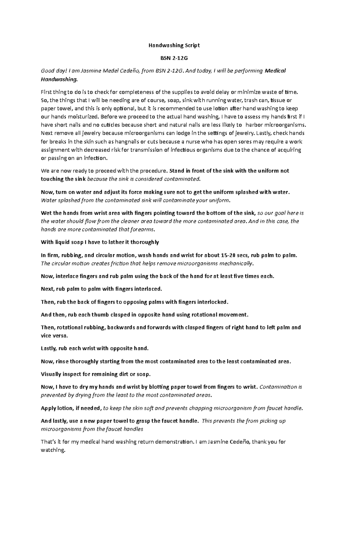 Handwashing Script - Handwashing Script BSN 2-12G Good day! I am ...