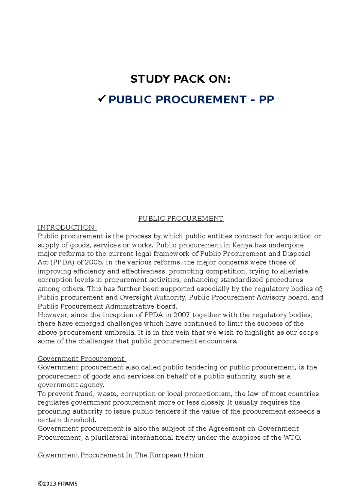 Public Procurement notes - STUDY PACK ON: PUBLIC PROCUREMENT - PP ...