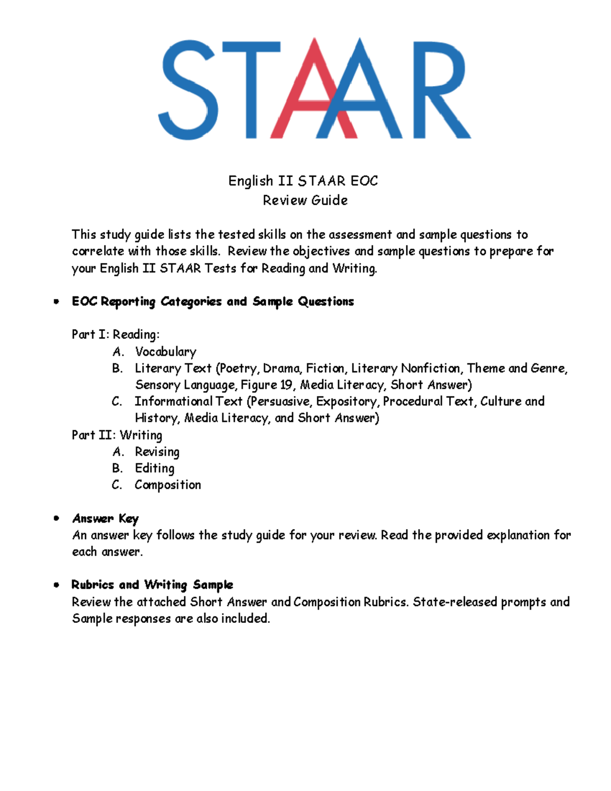 Staar English II Review 1 - English II STAAR EOC Review Guide This ...