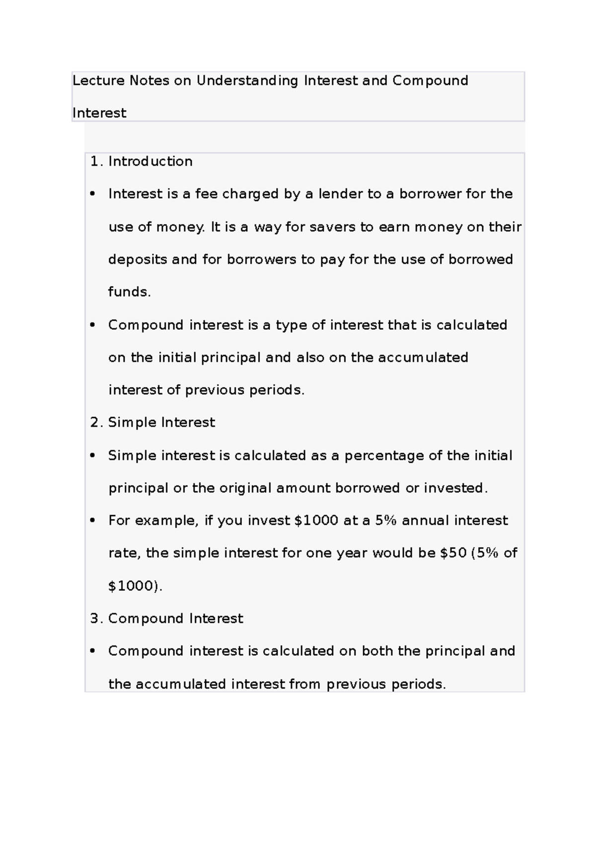 Lecture Notes on Understanding Interest and Compound Interest - Lecture ...