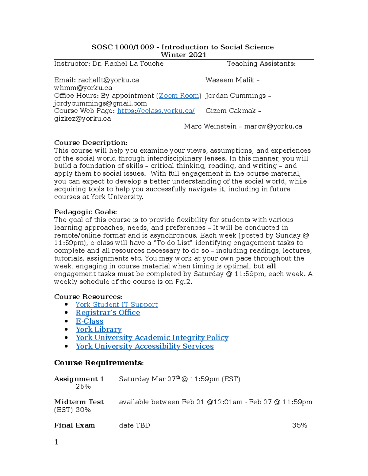 SOSC 1000 Winter 2021 Syllabus/Course. Outline - SOSC 1000/1009 - Introduction to Social Science ...