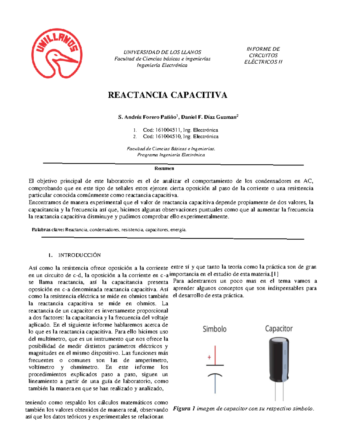 Reactancia Capacitiva - S. Forero - D. DIAZ - UNIVERSIDAD DE LOS LLANOS Facultad de Ciencias ...