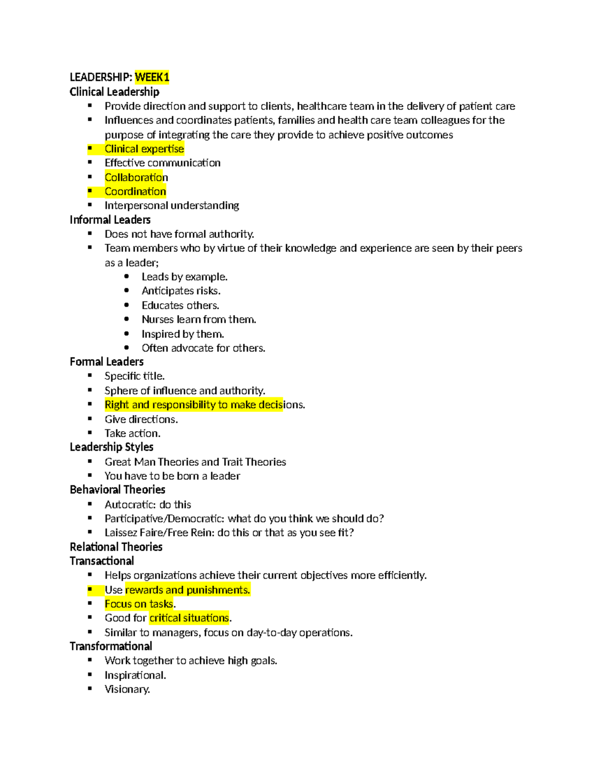 Leadership notes - LEADERSHIP: WEEK Clinical Leadership Provide ...