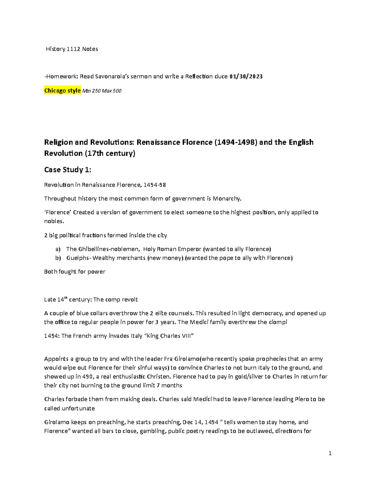 History 1112 Notes - History 1112 Notes -Homework: Read Savonarola’s ...