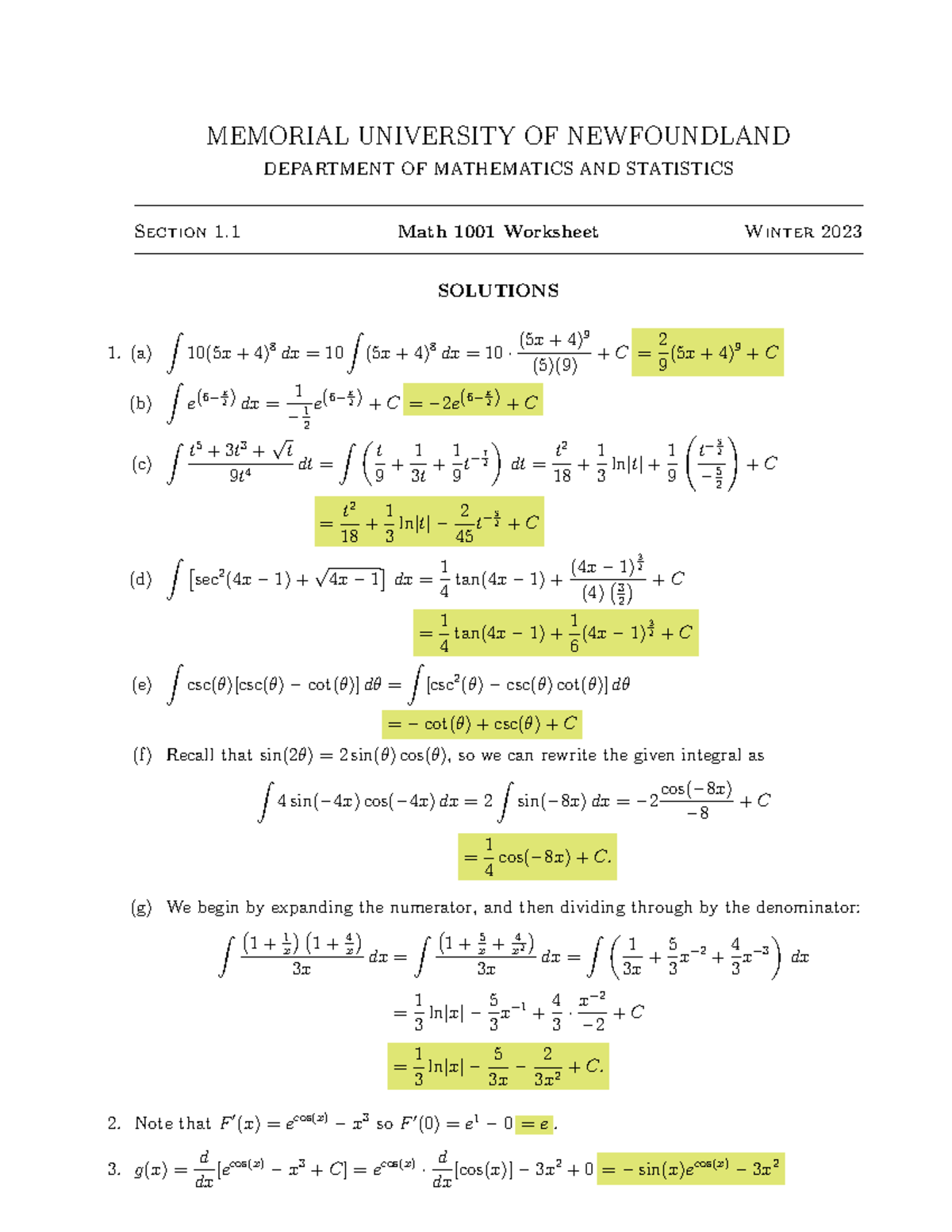 Worksheet 1 - MEMORIAL UNIVERSITY OF NEWFOUNDLAND DEPARTMENT OF ...