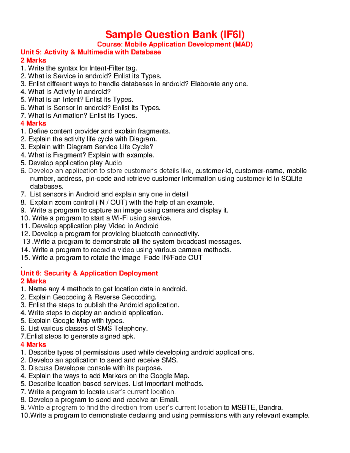 MAD Question Bank - Sample Question Bank (IF6I) Course: Mobile Application Development (MAD ...