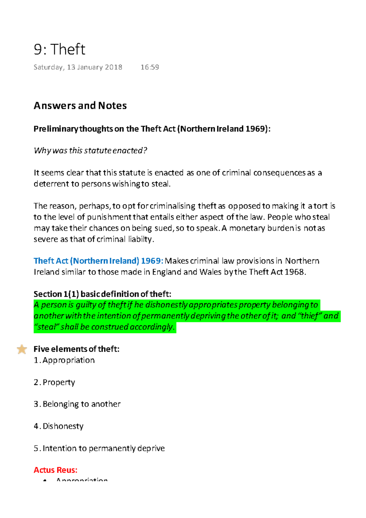 Theft - Criminal Law - Answers and Notes Preliminary thoughts on the ...