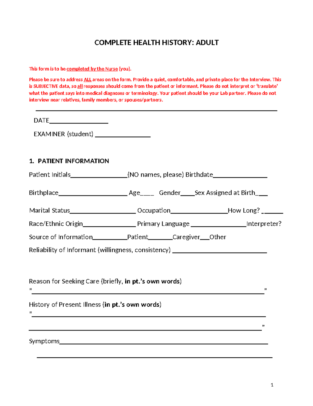 Complete Health History Adult - COMPLETE HEALTH HISTORY: ADULT This ...