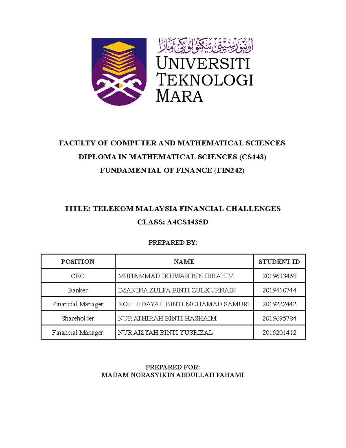 FIN242 Report - FACULTY OF COMPUTER AND MATHEMATICAL SCIENCES DIPLOMA ...