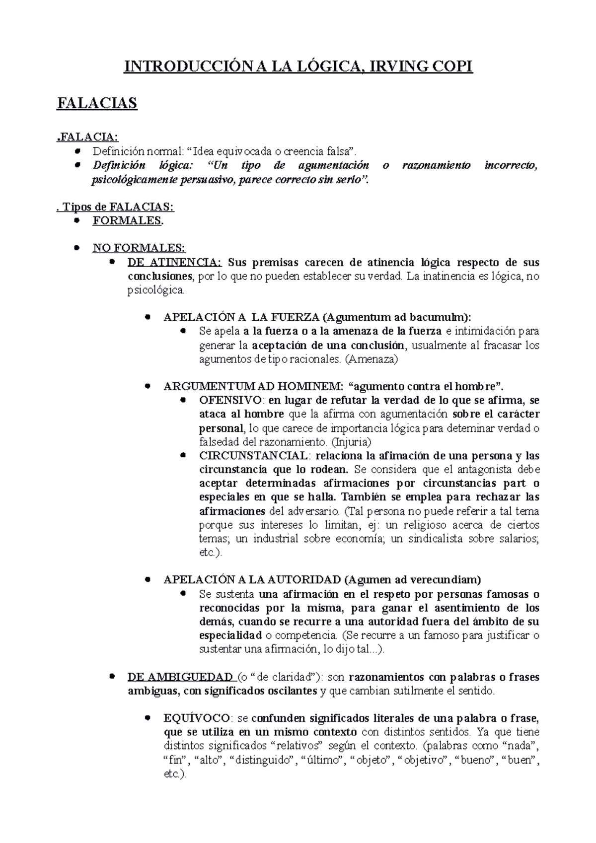Resumen Falacias Copi - INTRODUCCIÓN A LA LÓGICA, IRVING COPI FALACIAS ...