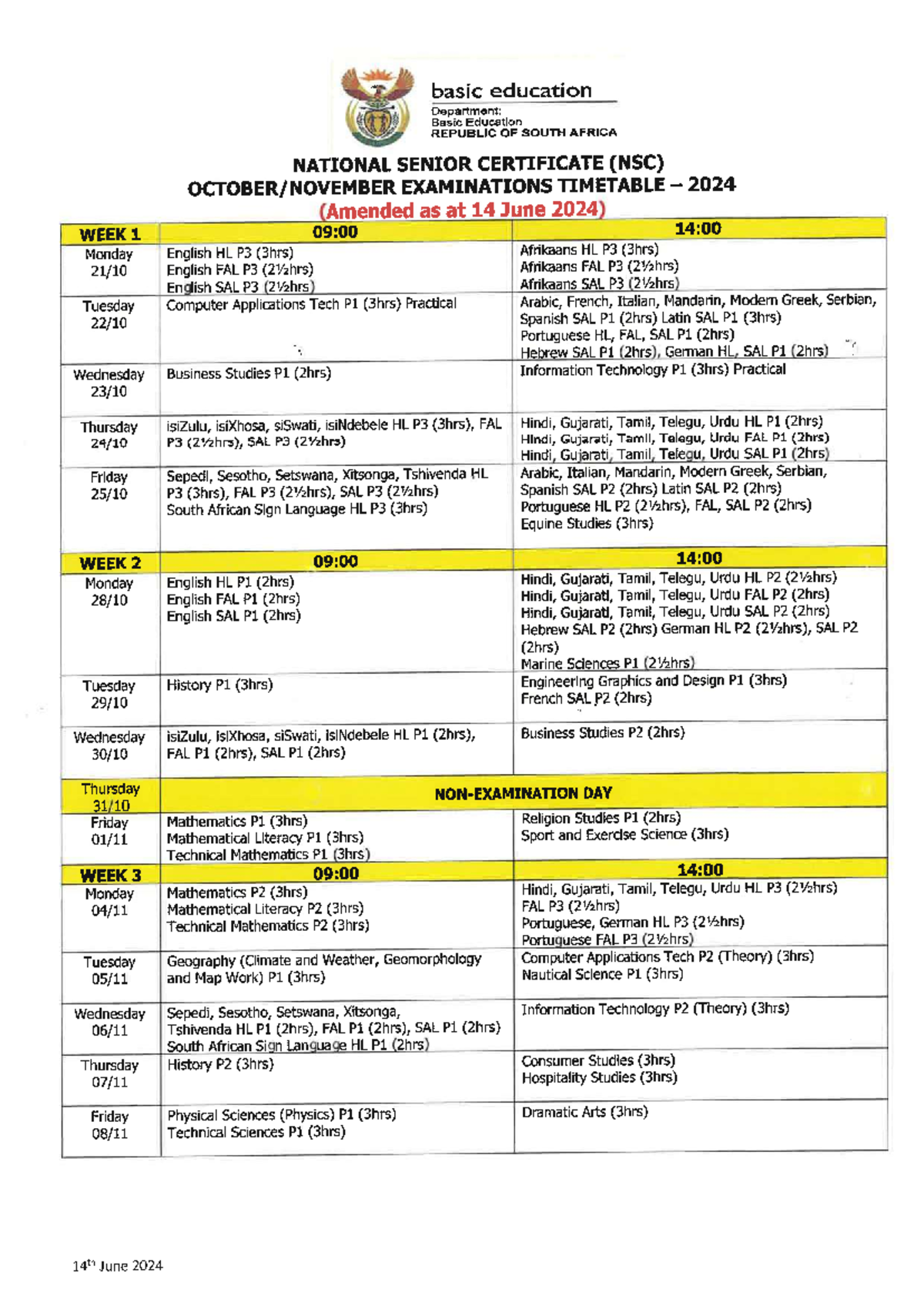 NSC 2024-Oct-Nov Timetable - basic education Department: Basic ...