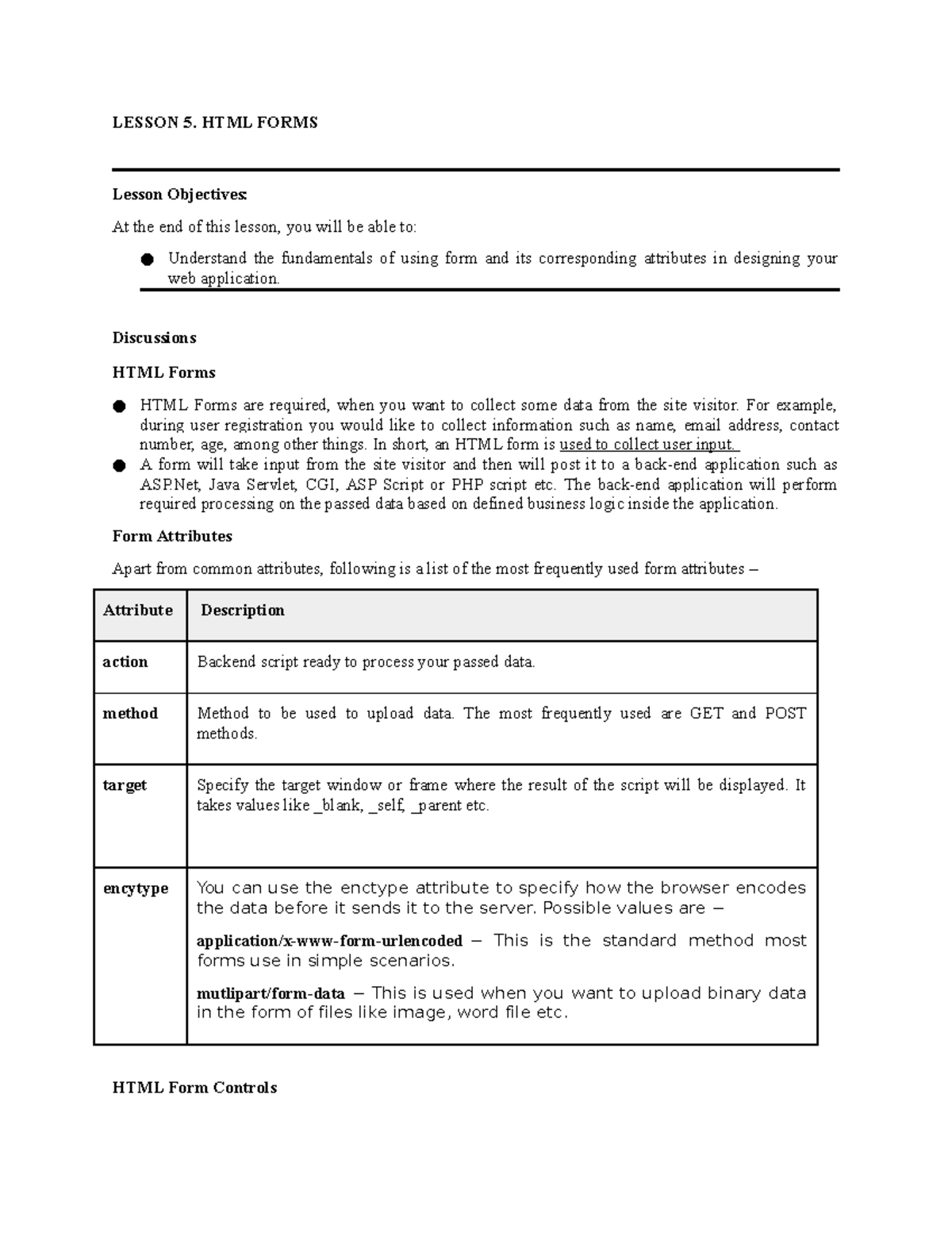 IT221 Lesson 5 - n/a - LESSON 5. HTML FORMS Lesson Objectives: At the ...