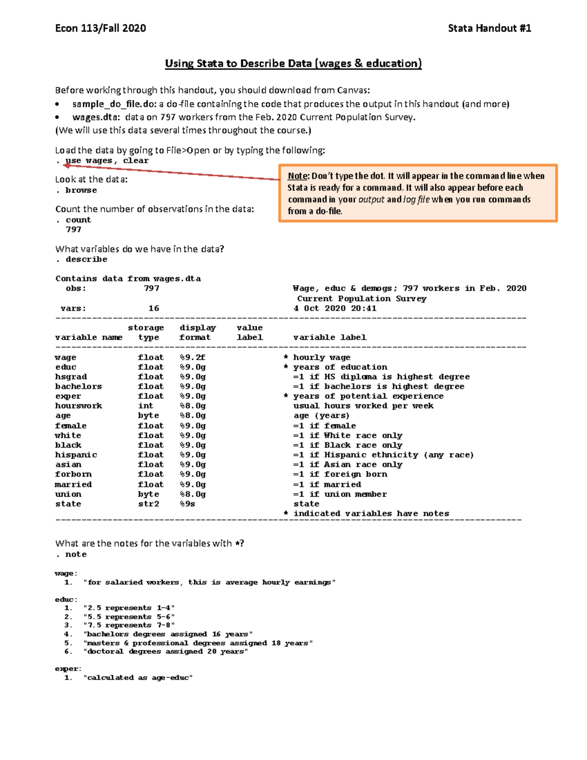 Stata handout #1 (describing data - wages & education) - Using Stata to Describe Data (wages ...