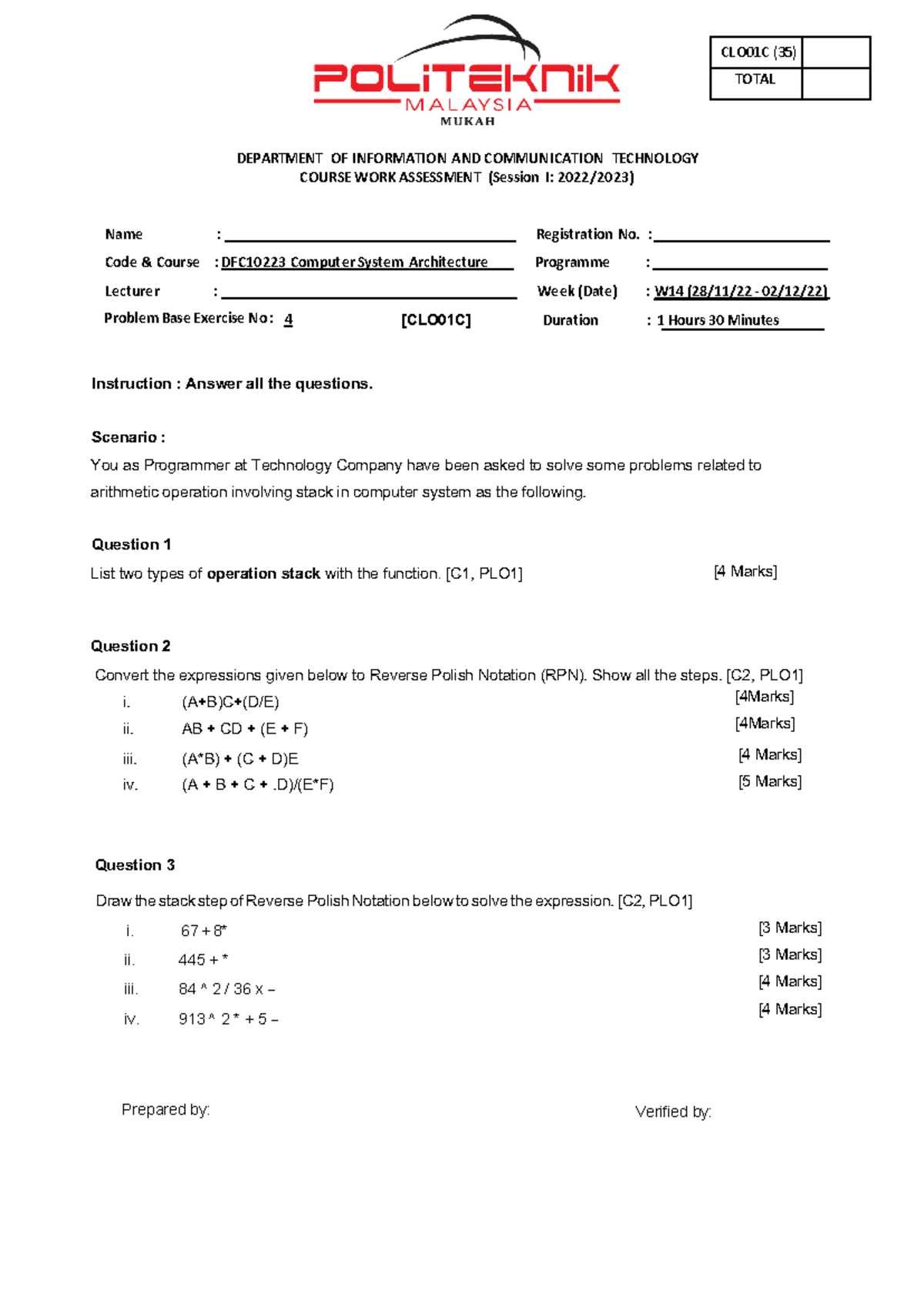 Dfc10223 Csa Pbe 4 Csa Computer System Architecture Problem Based Exercise Topic 4 Cpu