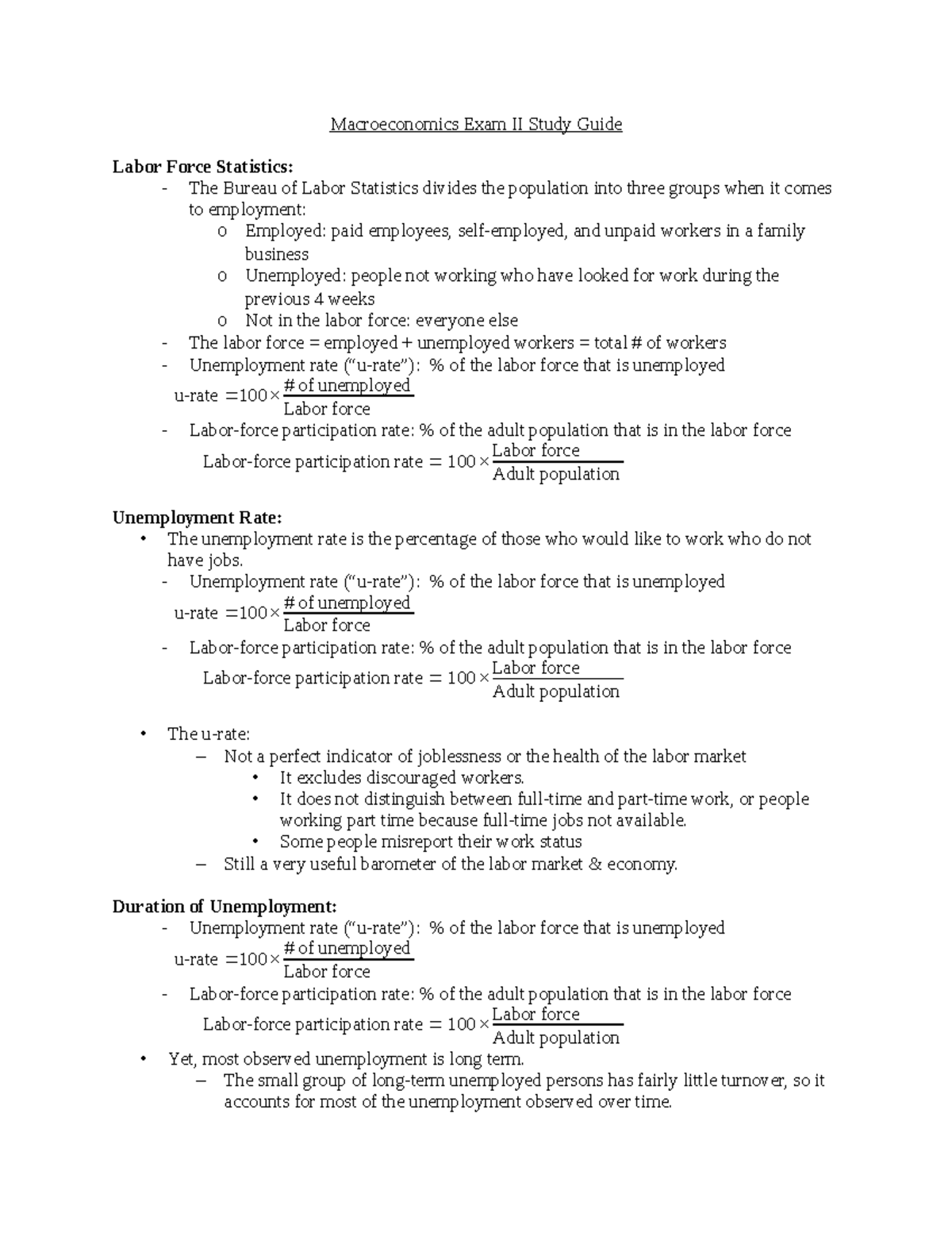 Macroeconomics Exam II Study Guide - Unemployment rate (“u-rate”): % of ...