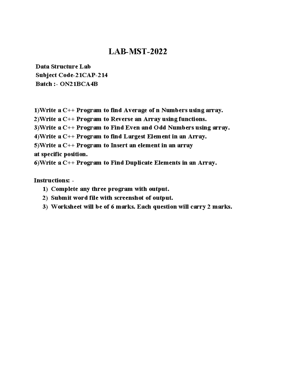 Worksheet(Lab-Mast) - excellent - LAB-MST- Data Structure Lab Subject Code-21CAP- Batch ...