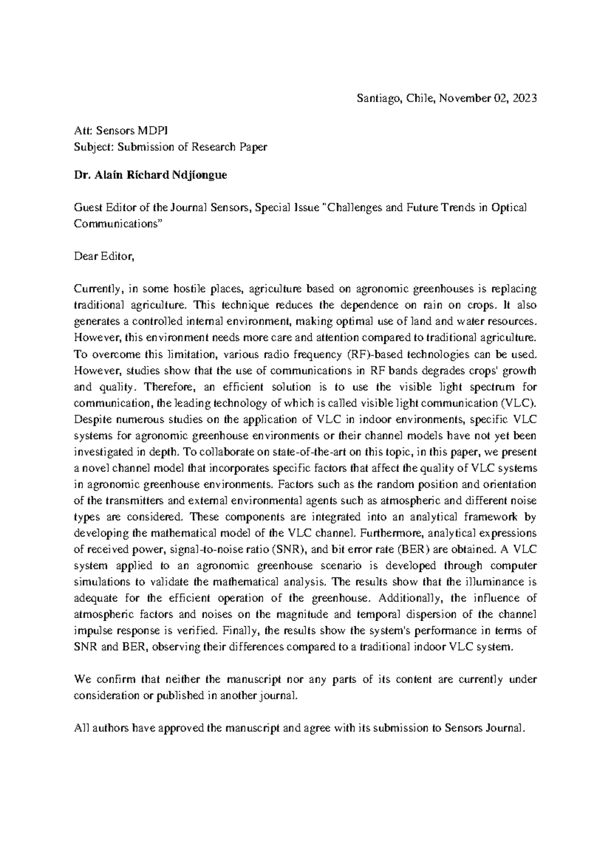 Cover Letter Sensor special issue - Santiago, Chile, November 02, 202 3 ...